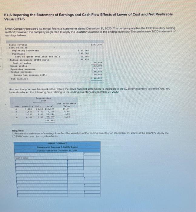 Solved P7-6 Reporting the Statement of Earnings and Cash | Chegg.com