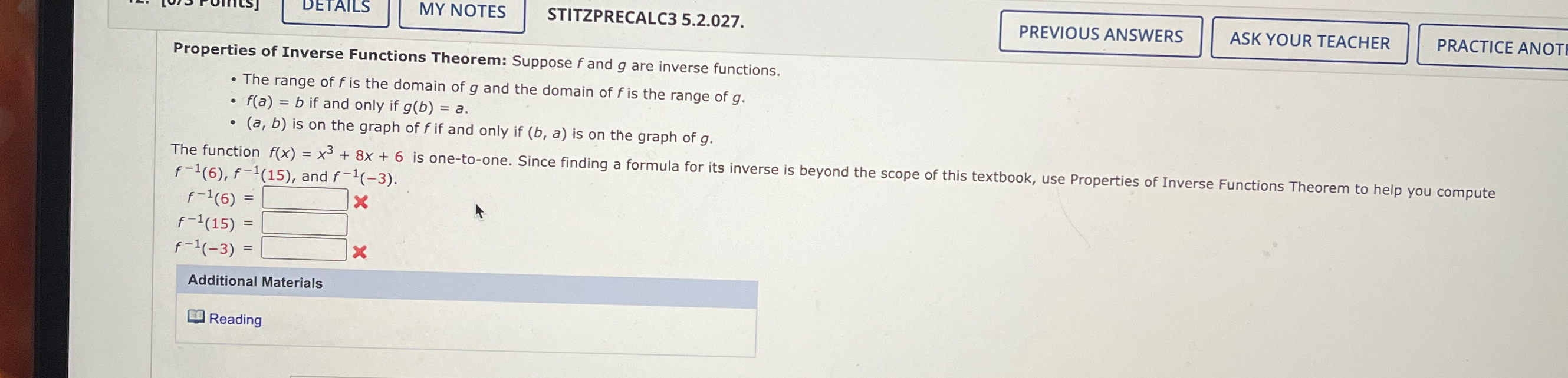 Solved STITZPRECALC3 5.2.027.Properties of Inverse Functions | Chegg.com