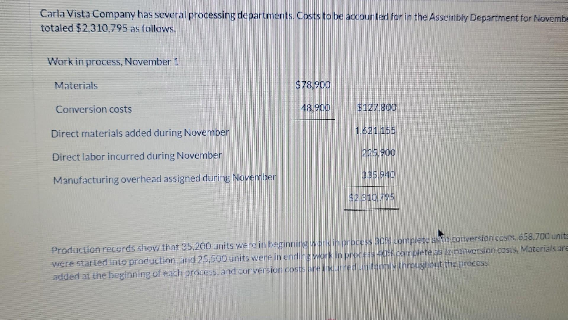 Solved Carla Vista Company has several processing | Chegg.com