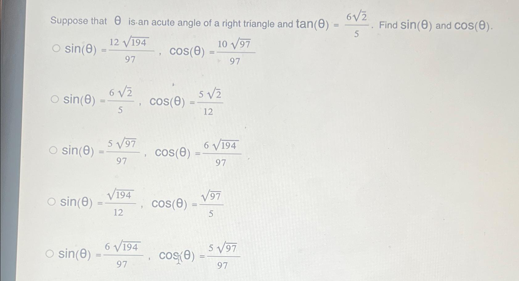 Solved Suppose that θ ﻿is.an acute angle of a right triangle | Chegg.com