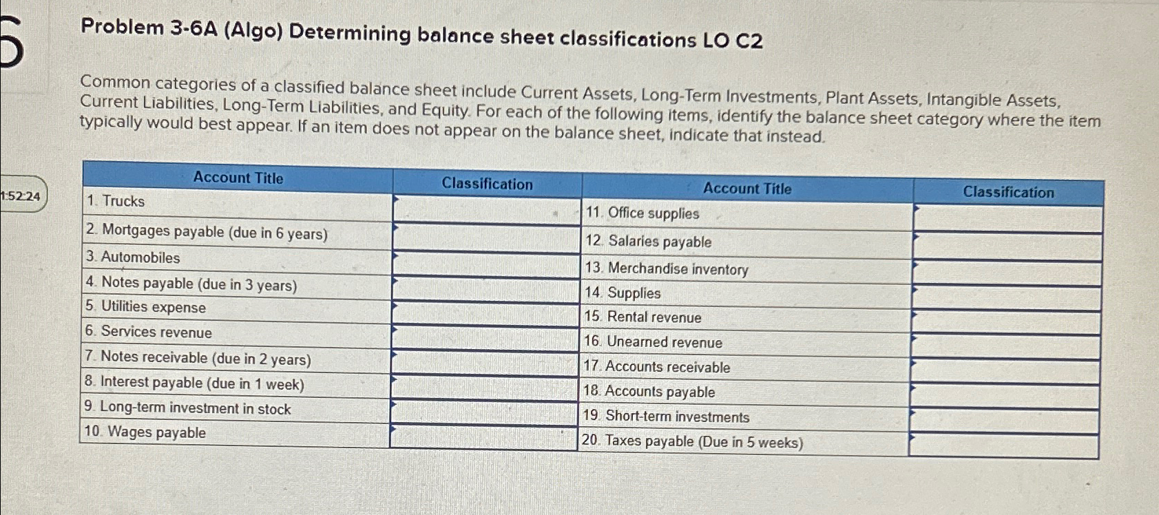 Solved Problem 3-6A (Algo) ﻿Determining balance sheet | Chegg.com