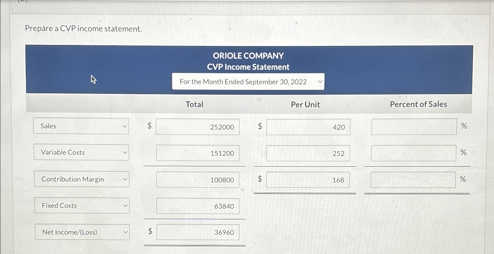 Solved Prepare a CVP income statement.ORIOLE COMPANY CVP | Chegg.com