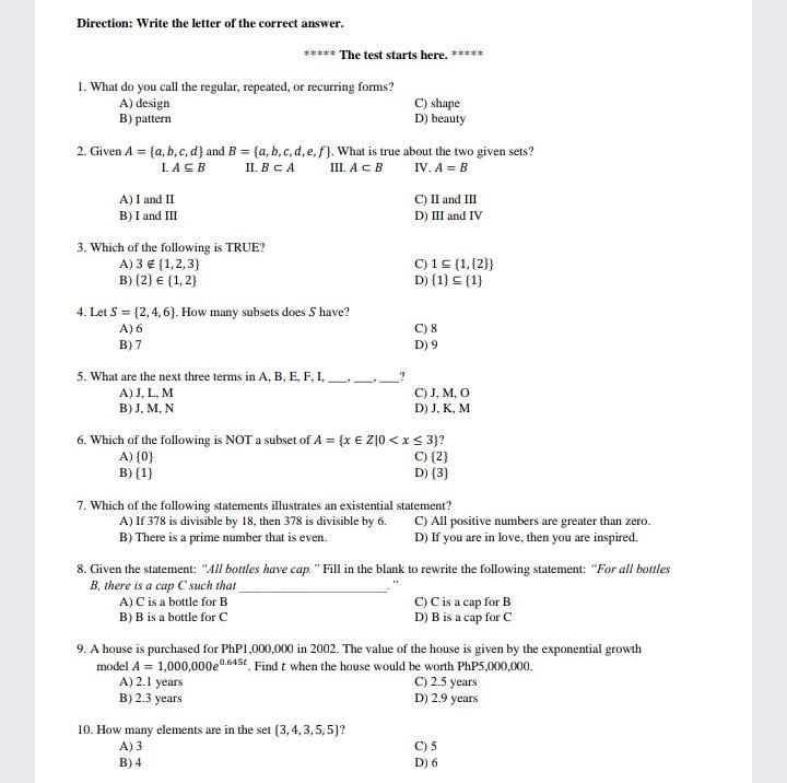 Solved Direction: Write the letter of the correct answer. | Chegg.com
