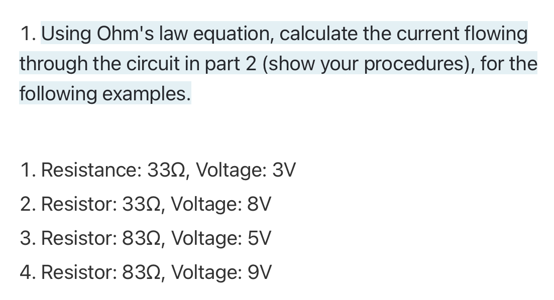 Solved Using Ohm's law equation, calculate the current | Chegg.com