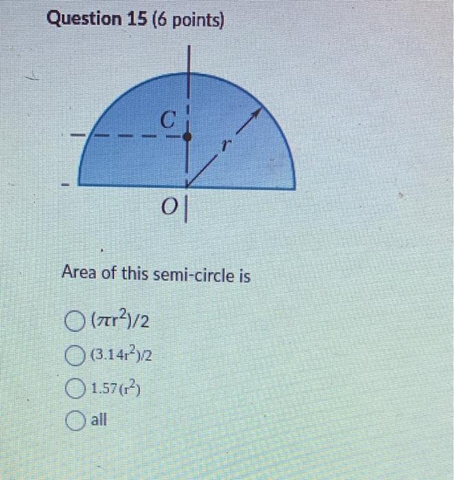 Solved Question 15 (6 points) Area of this semi-circle is | Chegg.com