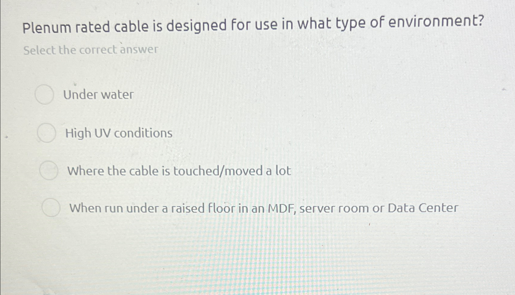Solved Plenum rated cable is designed for use in what type | Chegg.com
