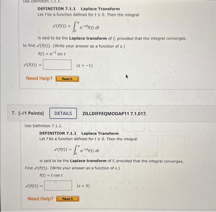 Solved DEFINITION 7.1.1 Laplace Transform Let f be a | Chegg.com
