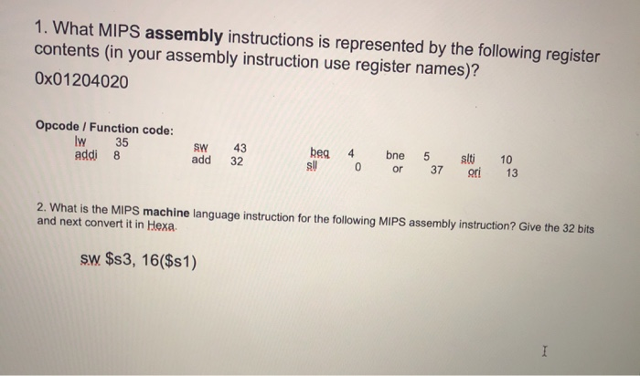 Solved 1. What MIPS assembly instructions is represented by | Chegg.com
