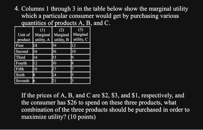 Solved 4. Columns 1 through 3 in the table below show the | Chegg.com