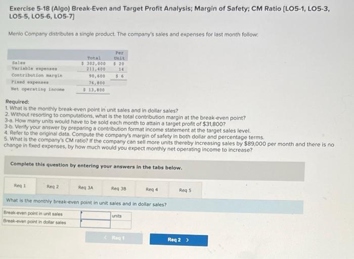 Solved Exercise 5-18 (Algo) Break-Even and Target Profit | Chegg.com