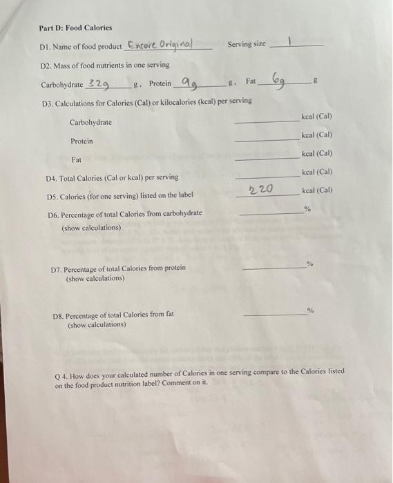 Part D: Food Calories DI. Name of food product Encure | Chegg.com