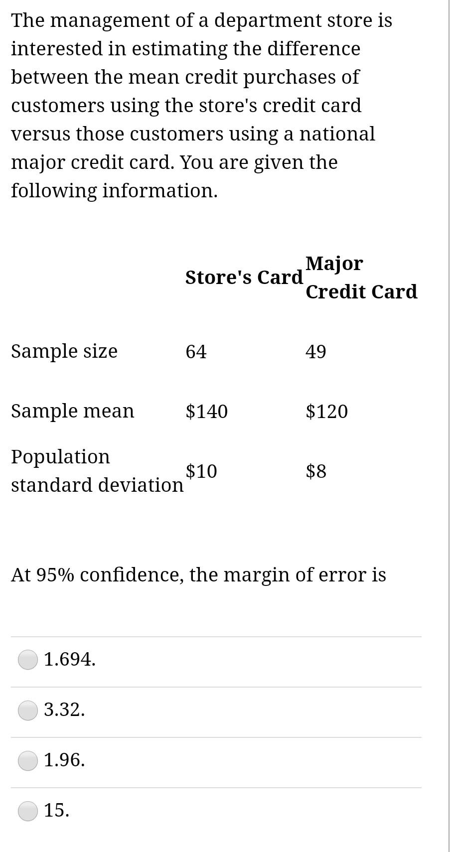 Solved The management of a department store is interested in | Chegg.com