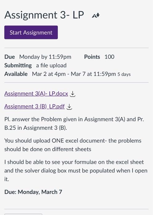 Solved Assignment 3- LP A+ Start Assignment Due Monday by | Chegg.com
