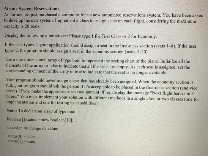 Solved Airline System Reservation: An airline has just | Chegg.com