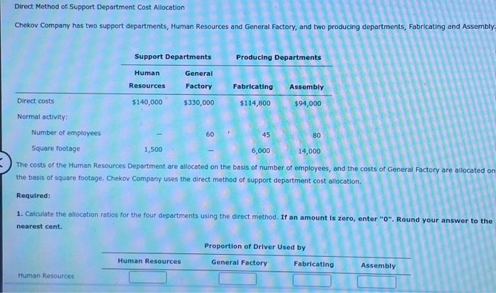 Solved Direct Method Ot Support Department Cost Allocation