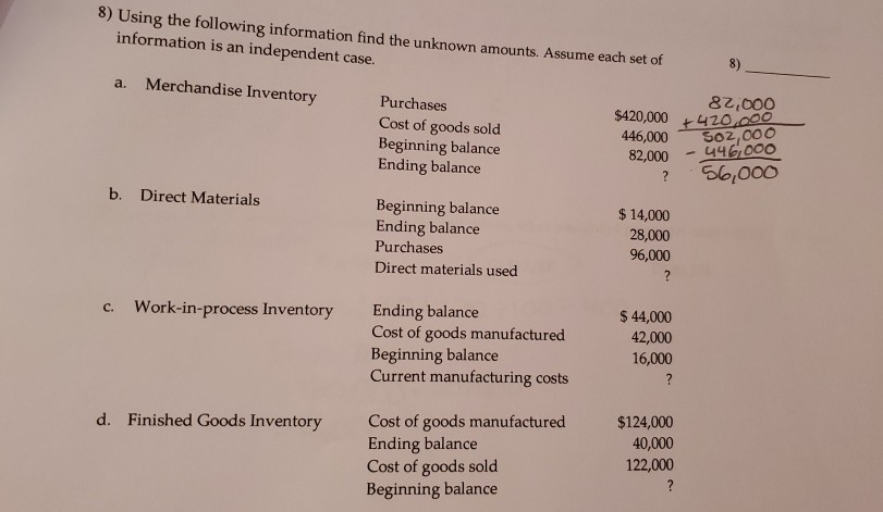 Solved 8) Using the following information find the unknown | Chegg.com
