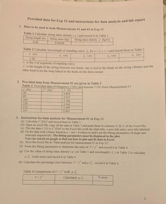 Provided data for Exp 12 and instructions for data | Chegg.com
