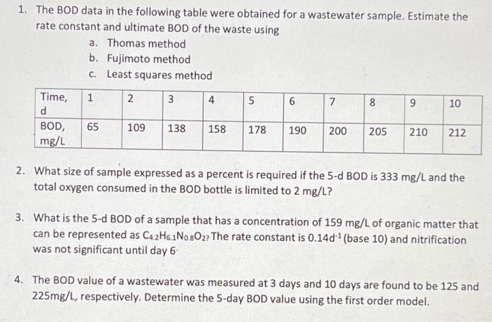 Solved 1. The BOD data in the following table were obtained | Chegg.com