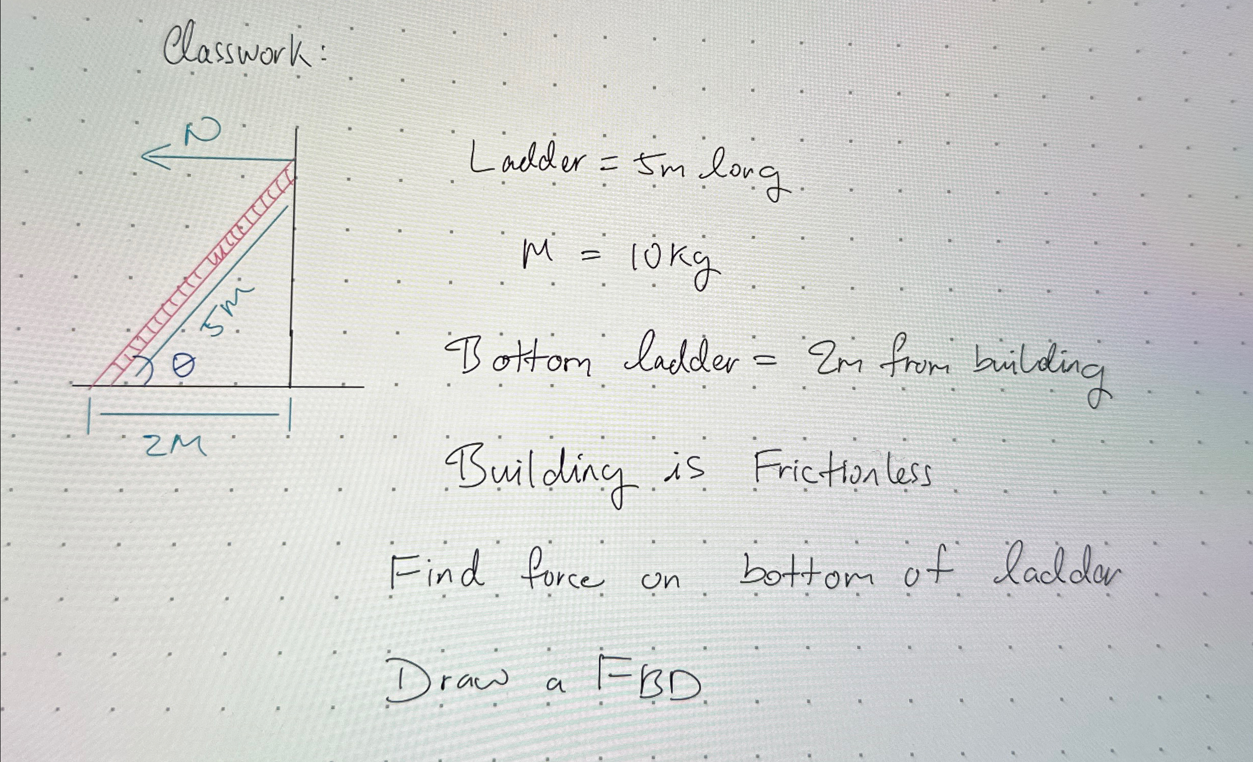 Solved Classwork ﻿Ladder =5m ﻿long M=10kgBottom ladder =2m | Chegg.com