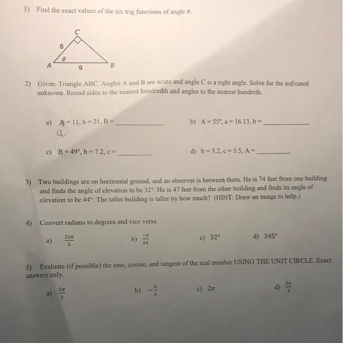 Solved 1) Find the exact values of the six trig functions of | Chegg.com