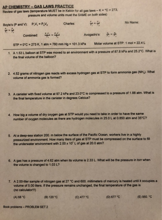 Solved AP CHEMISTRY - GAS LAWS PRACTICE Review of gas laws | Chegg.com