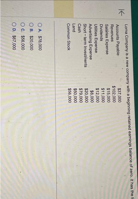 Solved A. $78,000 B. $20,000 C. $56,000 D. $67,000Lorna | Chegg.com