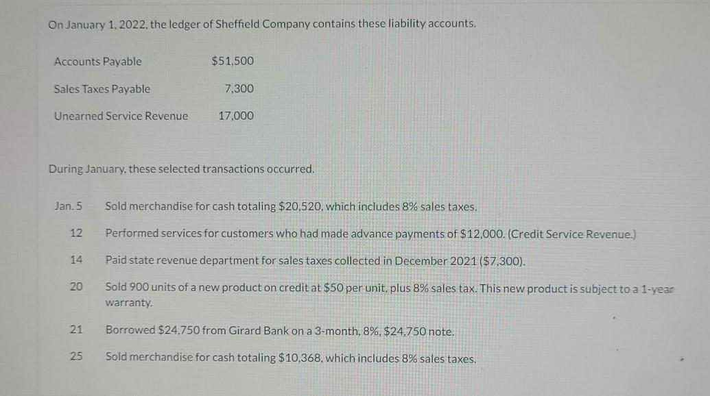 On January 1, 2022. the ledger of Sheffield Company | Chegg.com