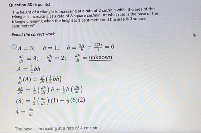 Solved Question 30 (6 points) The height of a triangle is | Chegg.com