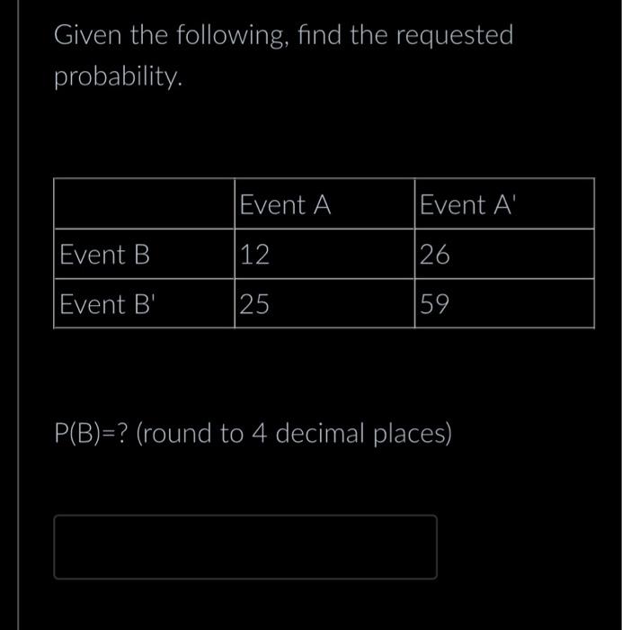 Solved Given the following, find the requested probability. | Chegg.com