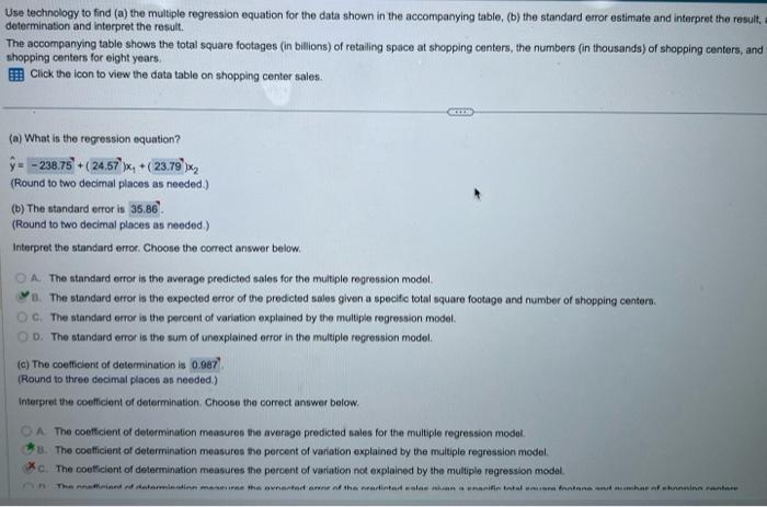 Solved Use technology to find (a) the multiple regression | Chegg.com