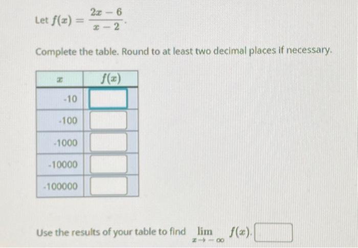 Solved 2x 6 Let f(z) = 22-20 Complete the table. Round to at | Chegg.com