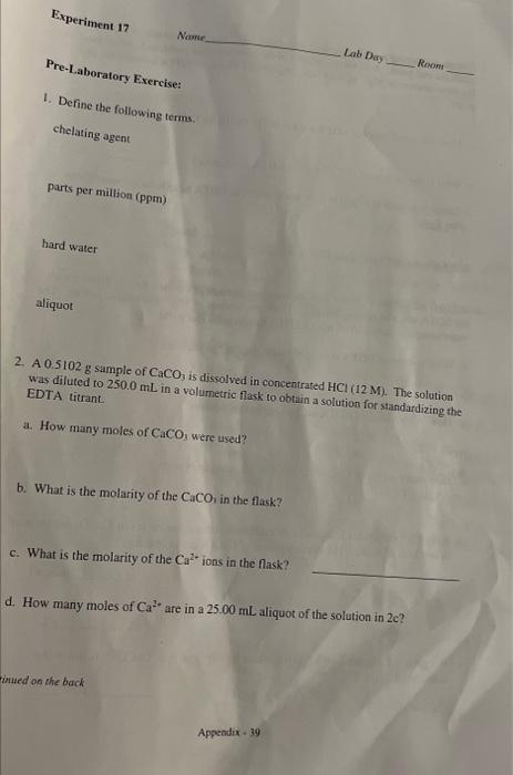 Solved Experiment 17 Name Labay Room Pre-Laboratory | Chegg.com