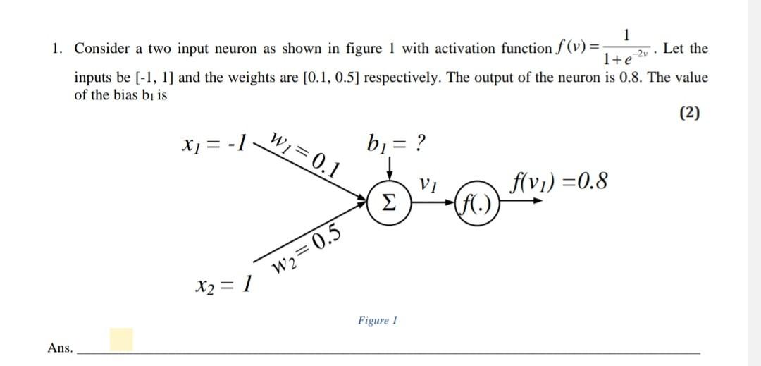 Solved Consider a two input neuron as shown in figure 1 with | Chegg.com