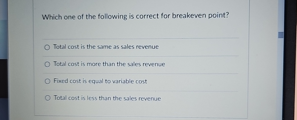 Solved Which one of the following is correct for breakeven | Chegg.com
