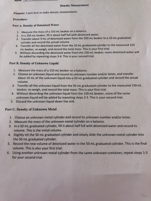 Solved Density Measurement Purpose: Learn how to make | Chegg.com