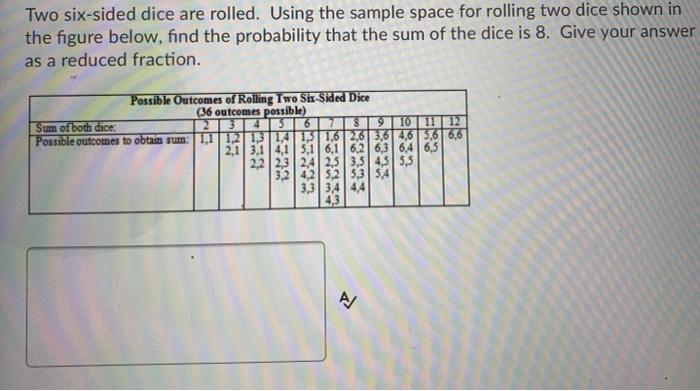 Solved Two six-sided dice are rolled. Using the sample space | Chegg.com