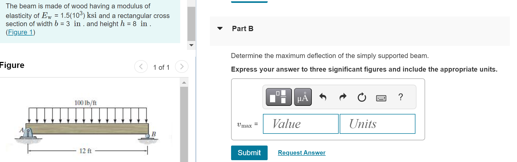 [Solved]: The beam is made of wood having a modulus of el