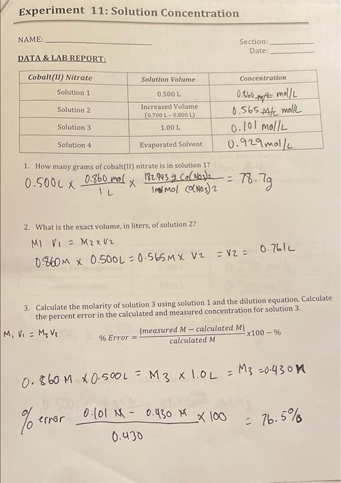 Solved Experiment 11: Solution Concentration NAME: Section | Chegg.com