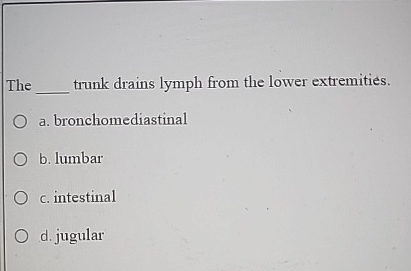 Solved The ﻿trunk drains lymph from the lower | Chegg.com