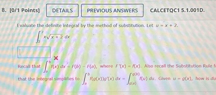Solved 8. [0/1 Points] DETAILS Recall that PREVIOUS ANSWERS | Chegg.com