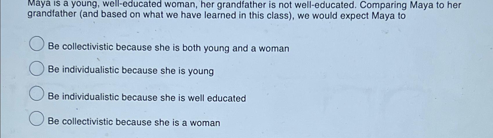 Solved Maya is a young, well-educated woman, her grandfather | Chegg.com