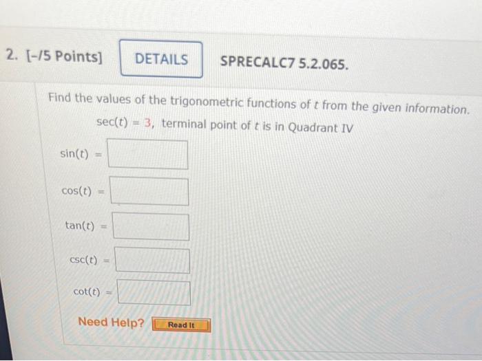 Solved Find the values of the trigonometric functions of t | Chegg.com