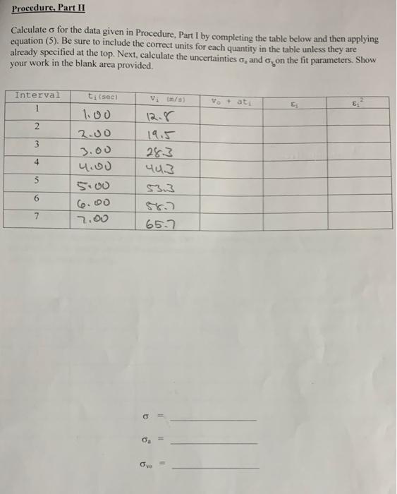 Solved Procedure, Part II Calculate o for the data given in | Chegg.com