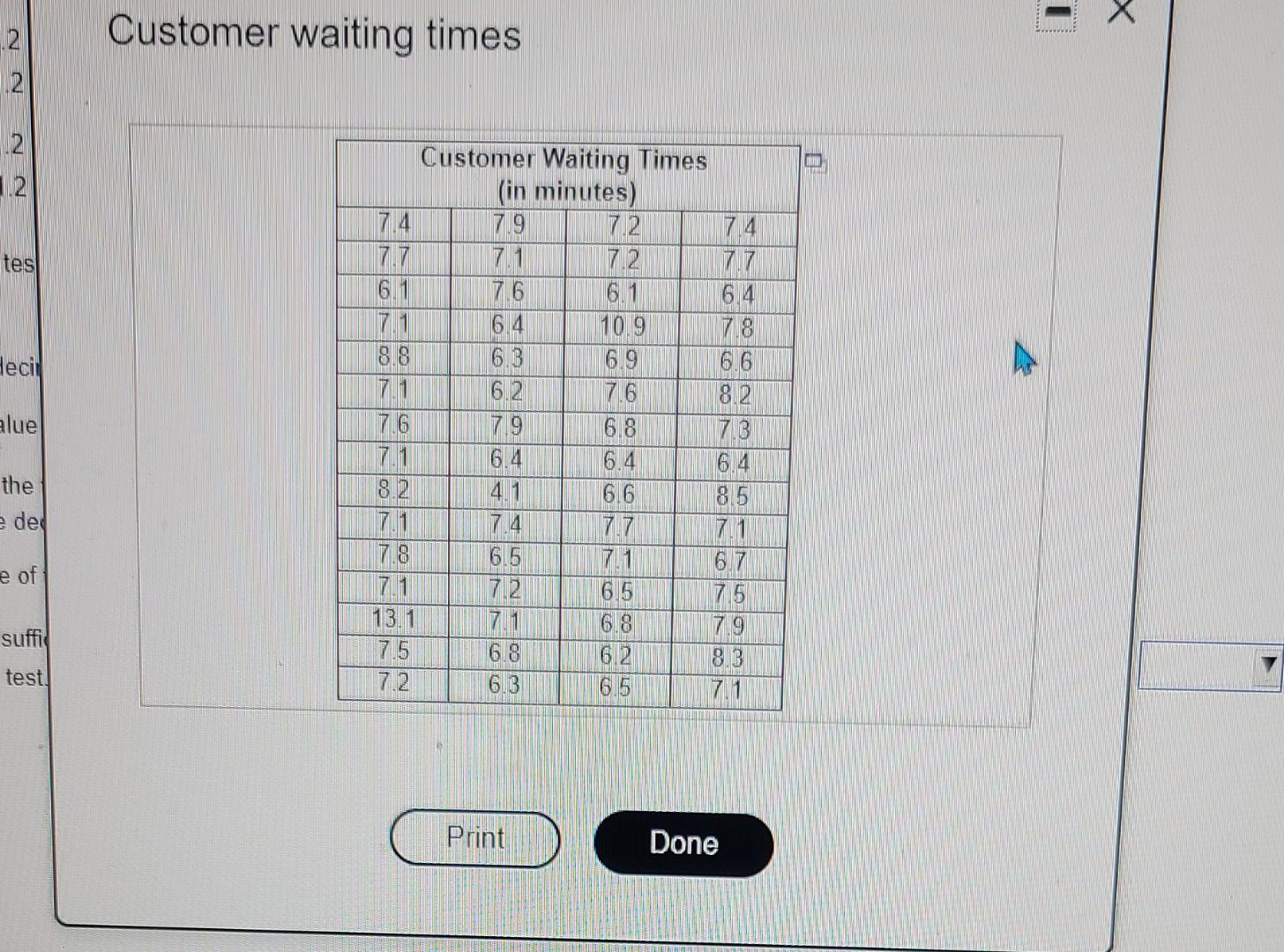 Solved The data table contains waiting times of customers at | Chegg.com