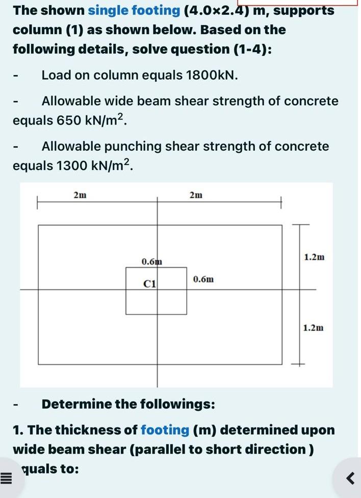 Solved The shown single footing (4.0×2.4)m, supports column | Chegg.com
