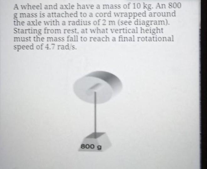 Solved A wheel and axle have a mass of 10 kg. An 800 g mass | Chegg.com