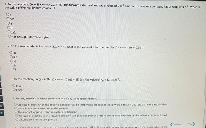 Solved 1. In the reaction, 3A + B 2C + 2D, the | Chegg.com