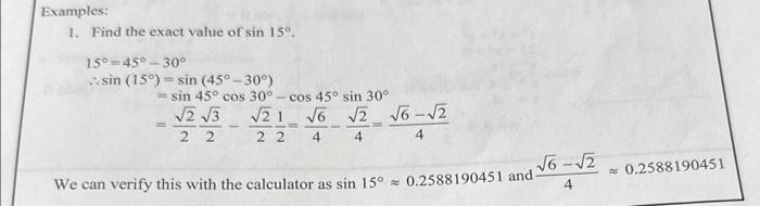 Solved 1. Find the exact value of sin15∘. | Chegg.com