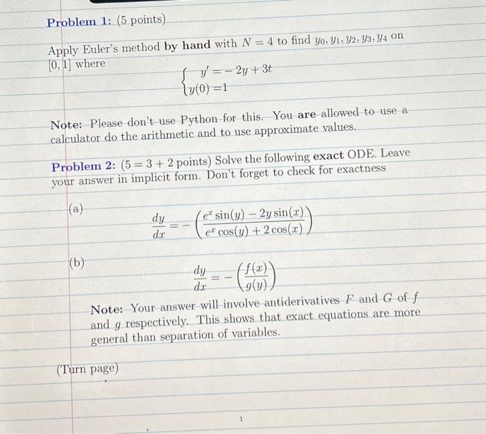 Solved Problem 1: (5 points) Apply Euler's method by hand | Chegg.com