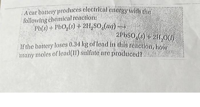 Solved A car battery produces electrical energy with the | Chegg.com
